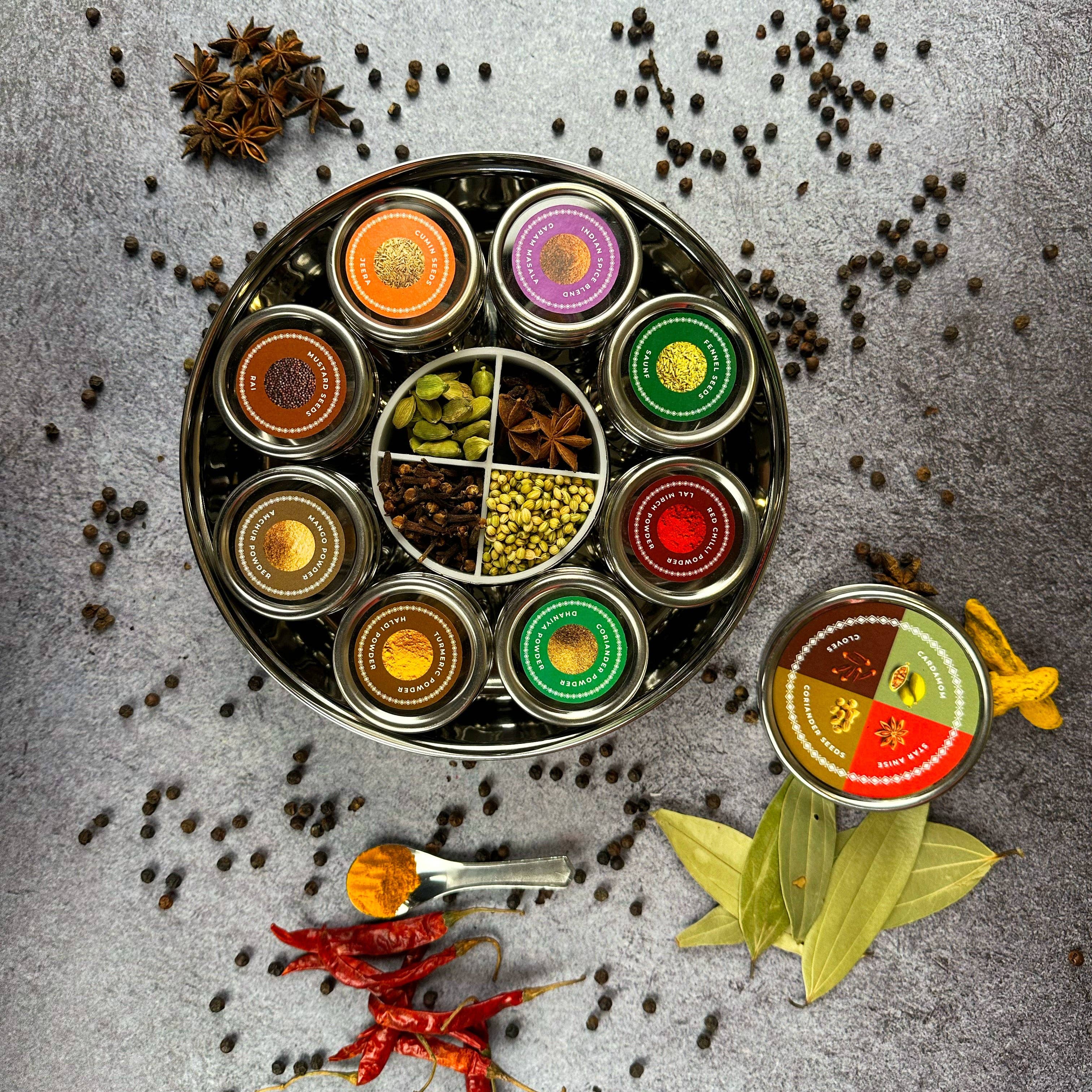 Spice Box Stainless Steel Container, includes 12 spices and labels